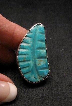 Big Native American Carved Turquoise Silver Ring sz6-1/2