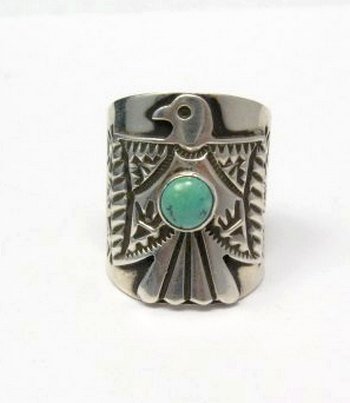 Darrell Cadman, Navajo, Turquoise Silver Thunderbird Ring sz7-1/2