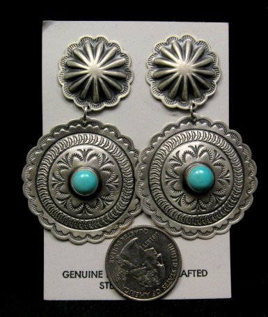 Native American Stamped Sterling Concha Drop Turquoise Earrings, Harris Joe