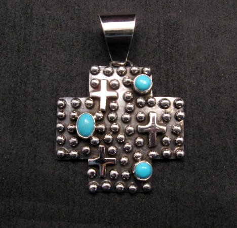 Native American Navajo Turquoise Silver Cross Pendant, Geneva Apachito