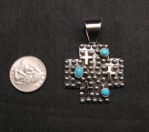 Native American Navajo Turquoise Silver Cross Pendant, Geneva Apachito